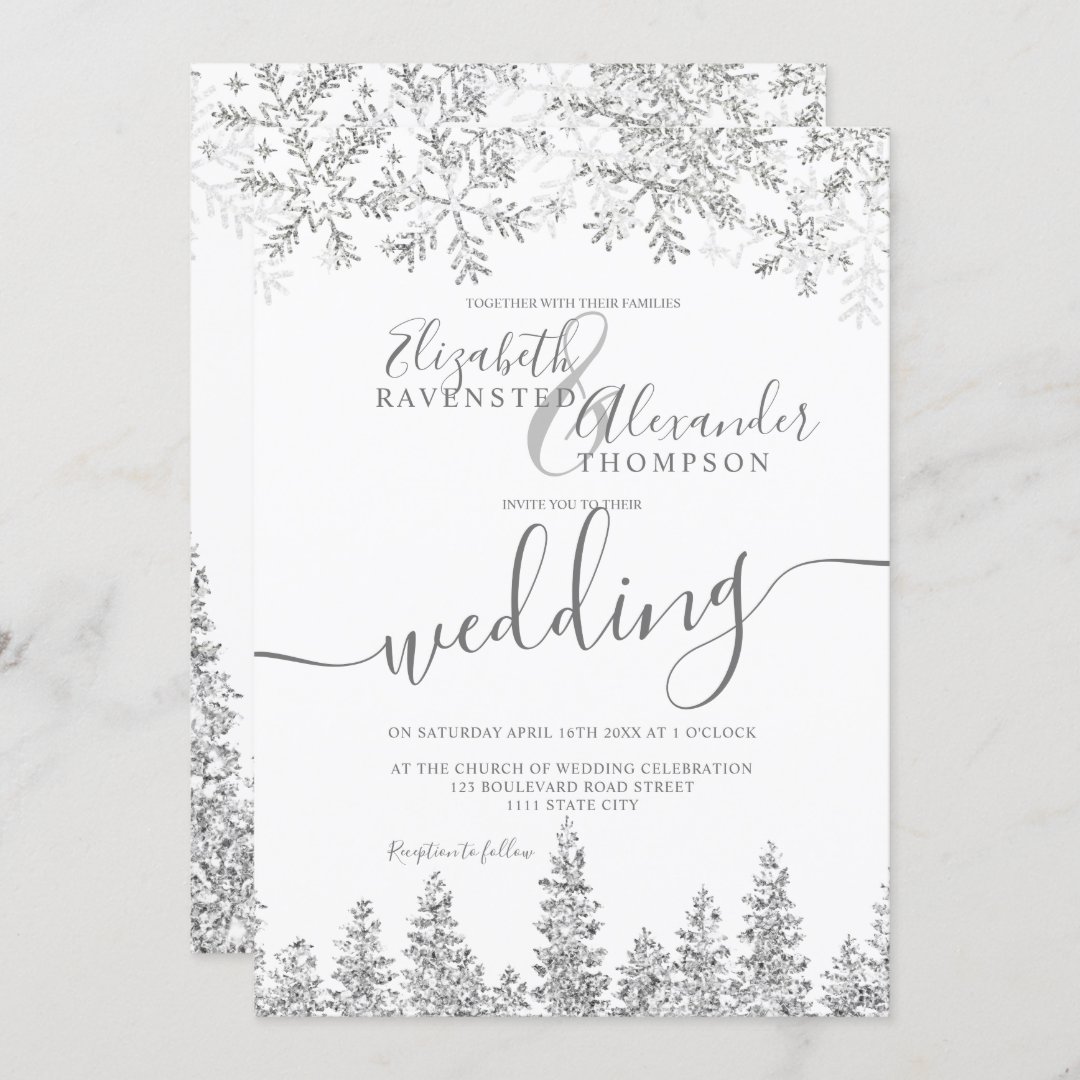Silver snow pine white Christmas winter wedding Invitation | Zazzle