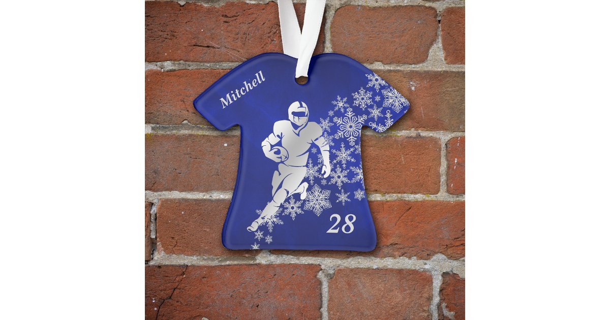 Silver Snowflake Blue Football Player Ornament | Zazzle