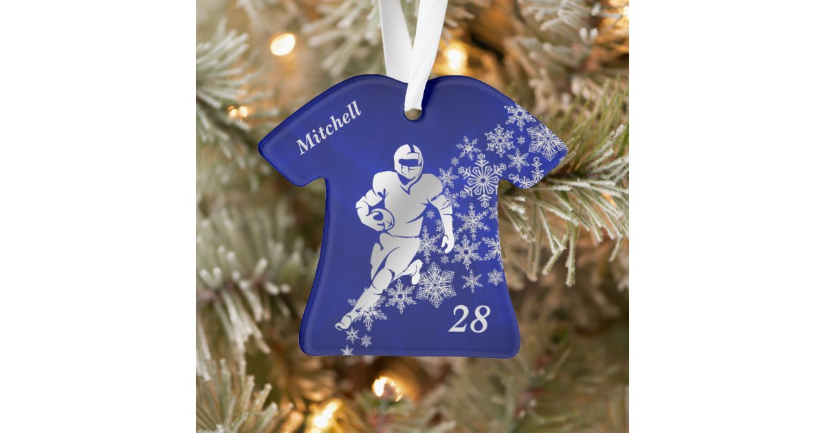 Silver Snowflake Blue Football Player Ornament | Zazzle