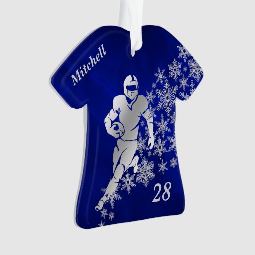 Silver Snowflake Blue Football Player Ornament | Zazzle