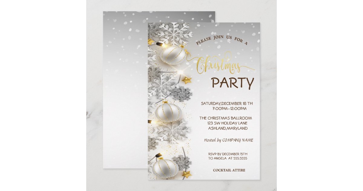 Silver Snowflakes,Balls,Snow Christmas Party Invitation | Zazzle