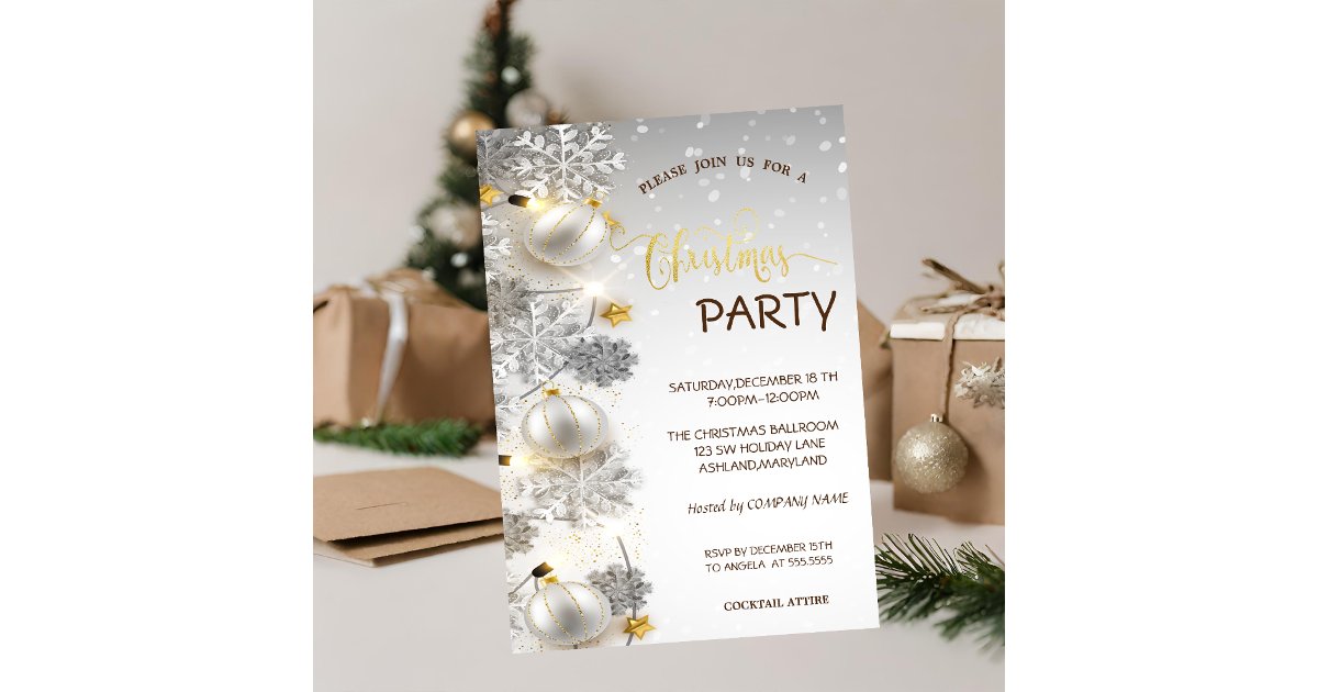 Silver Snowflakes,Balls,Snow Christmas Party Invitation | Zazzle