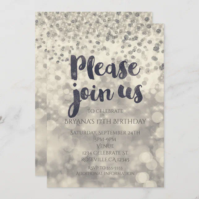 Silver Sparkle Confetti Party Any Event Invitation | Zazzle