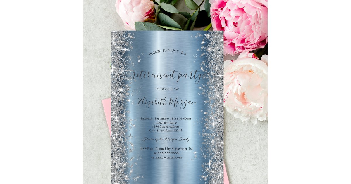 Silver Sparkle Diamonds Blue Retirement Party Invitation | Zazzle