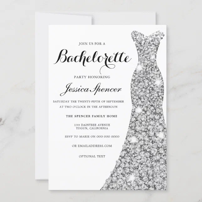 Silver Sparkle Dress Bachelorette Party Invite | Zazzle