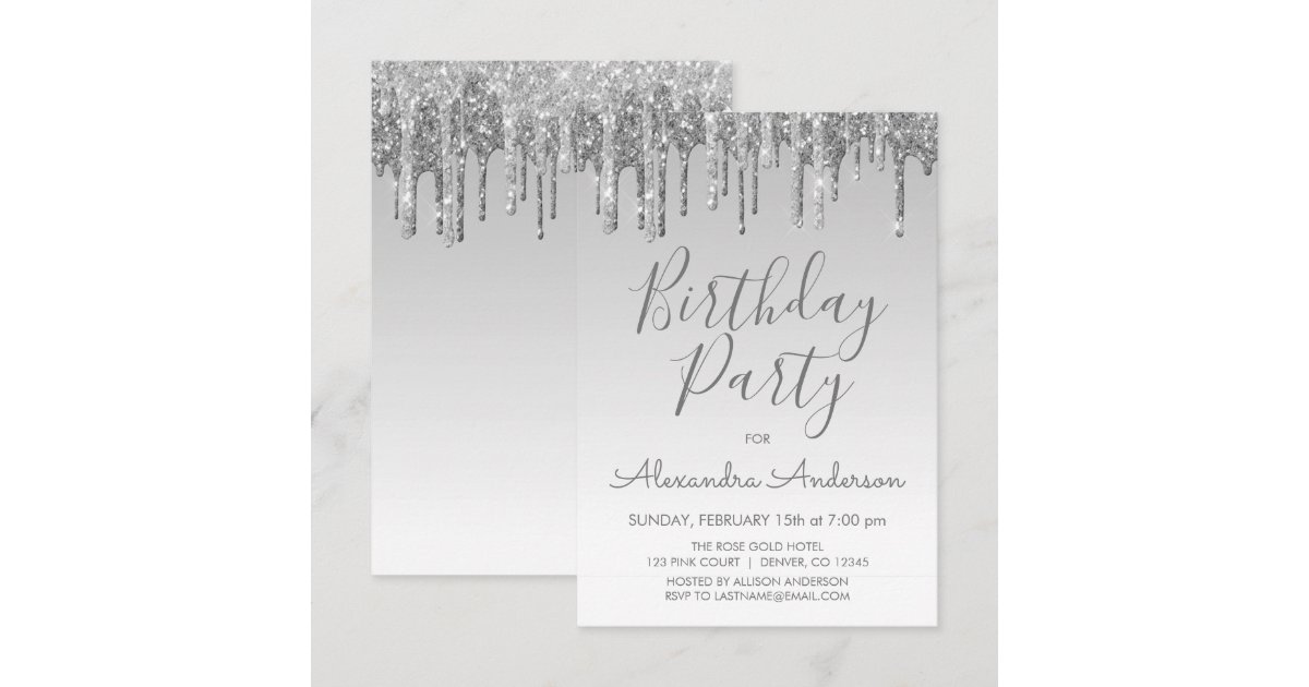 Silver Sparkle Glitter Any Age Birthday Invitation | Zazzle