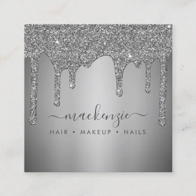 Silver Sparkle Glitter Drips Luxury Square Business Card | Zazzle