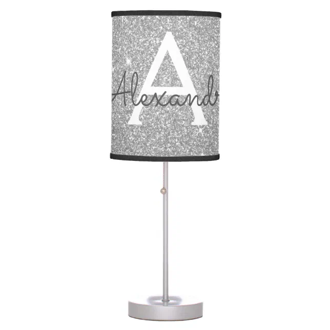 Silver Sparkle Glitter Monogram Name & Initial Table Lamp | Zazzle