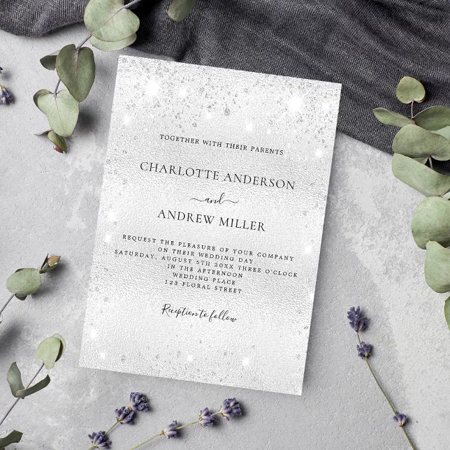Silver sparkle modern elegant luxury wedding invitation | Zazzle