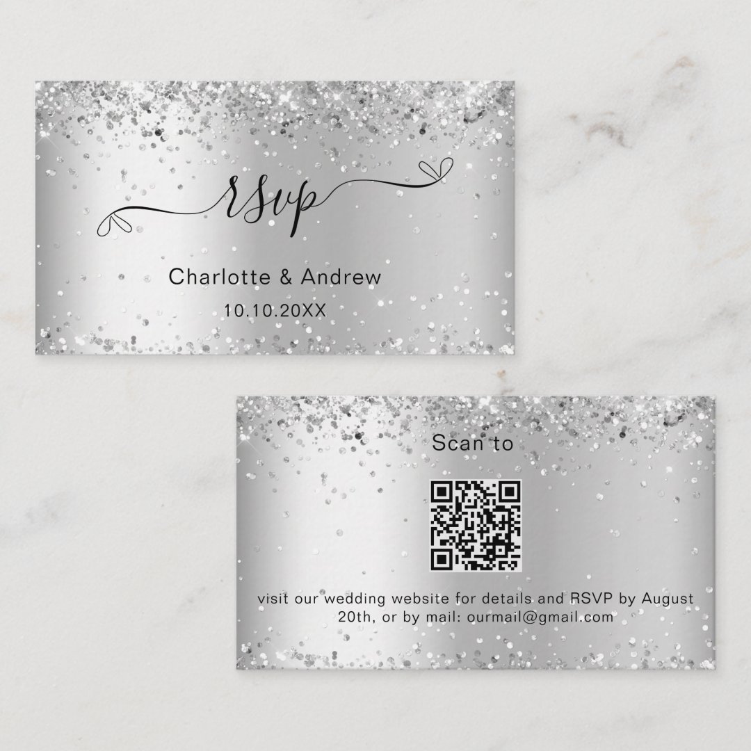 Silver sparkle wedding website RSVP QR code Enclosure Card | Zazzle