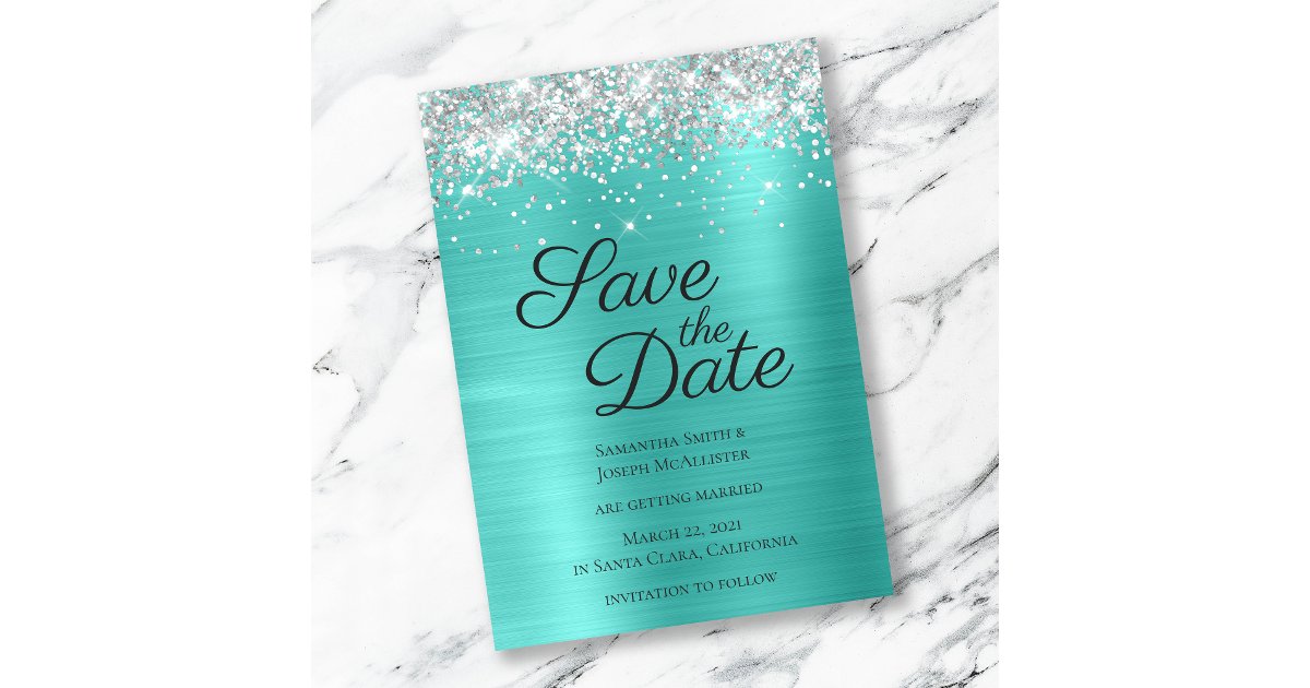 Silver Sparkly Glitter Turquoise Ombre Foil Save The Date | Zazzle