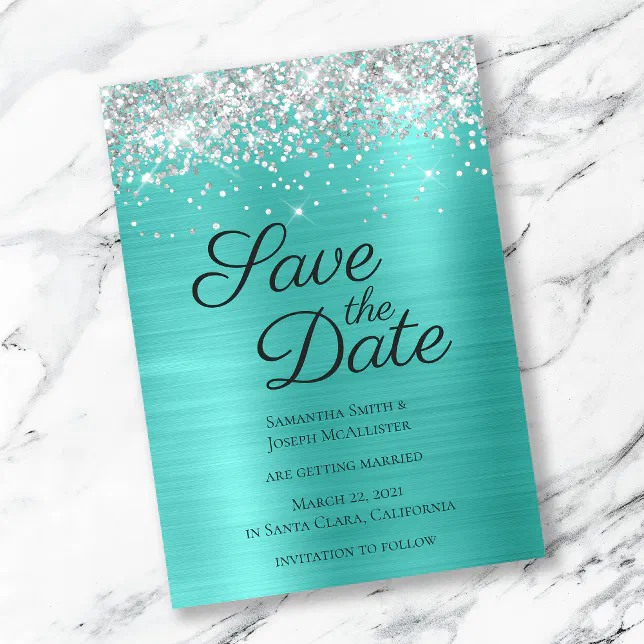 Silver Sparkly Glitter Turquoise Ombre Foil Save The Date | Zazzle