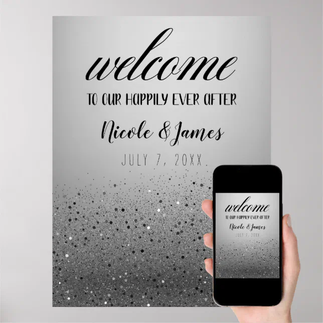 Silver Sparkly Glitter Wedding Welcome Sign | Zazzle