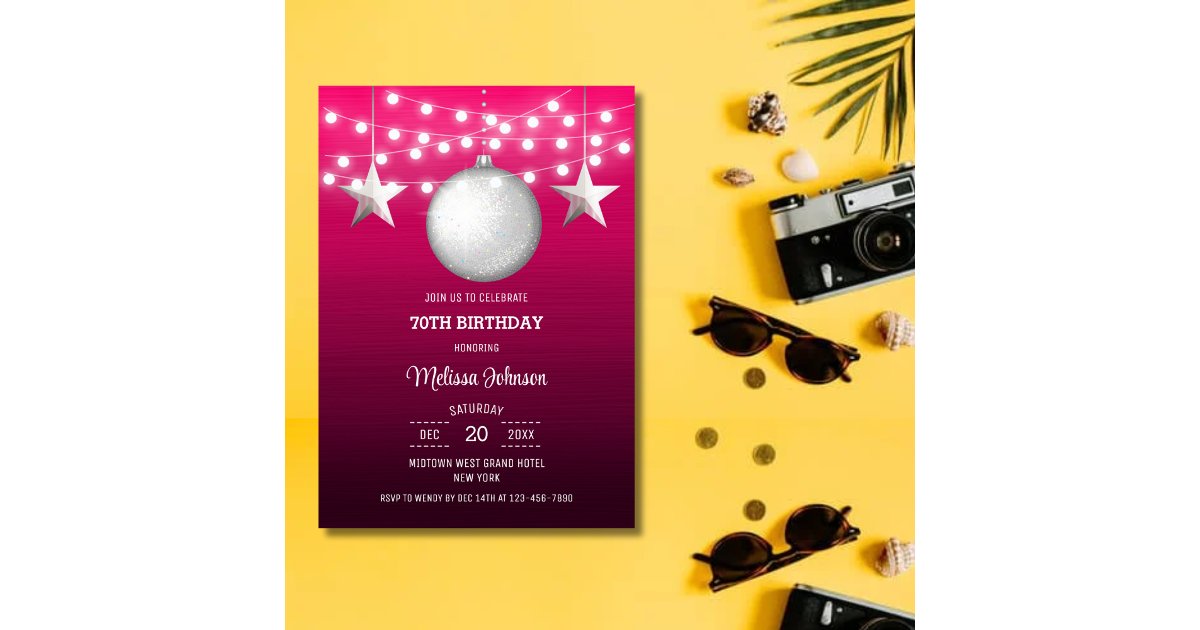 Silver Star String Light Pink Gradient Birthday Invitation | Zazzle