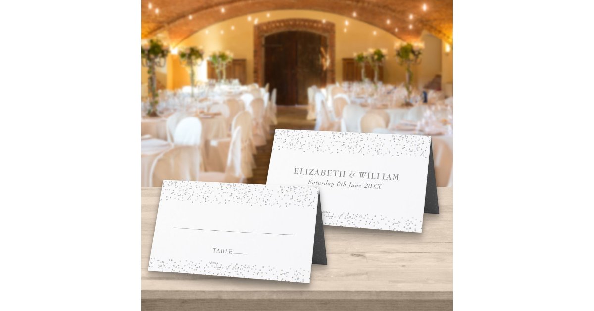 Silver Stardust Confetti Wedding Place Card | Zazzle