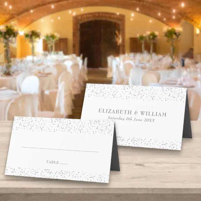 Silver Stardust Confetti Wedding Place Card | Zazzle