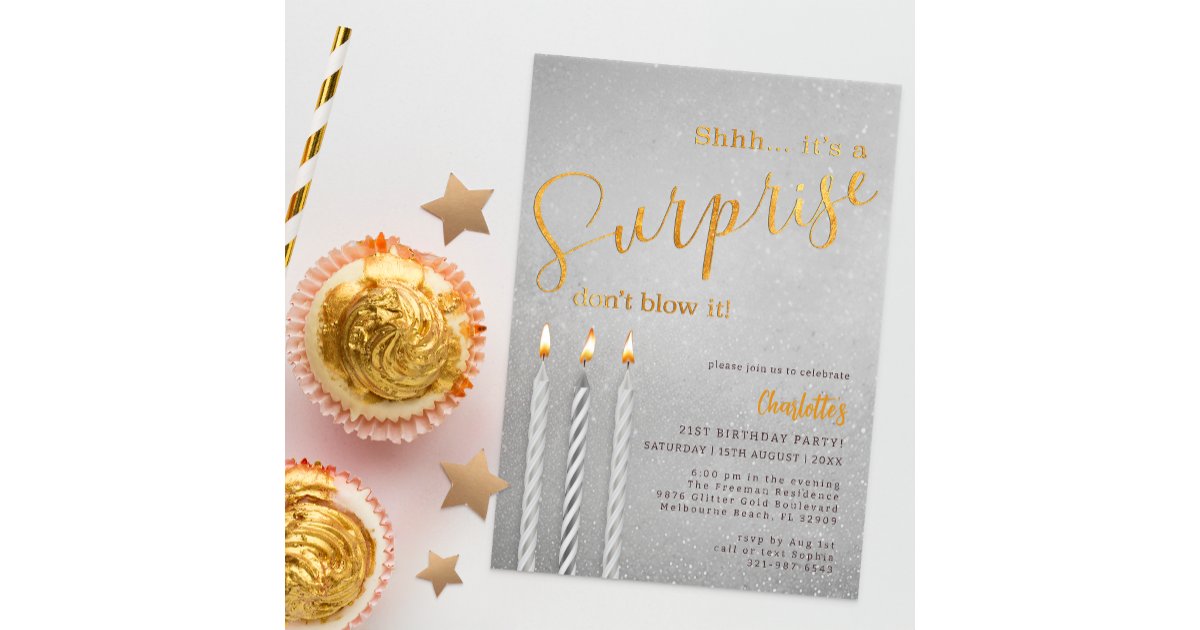 Silver Surprise Birthday Invitation Glitter Candle | Zazzle