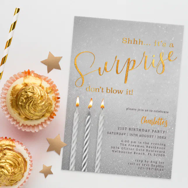 Silver Surprise Birthday Invitation Glitter Candle | Zazzle