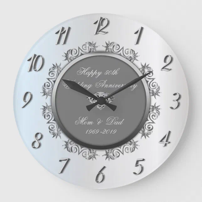 Silver Swirls Diamond 50th Wedding Anniversary Large Clock | Zazzle