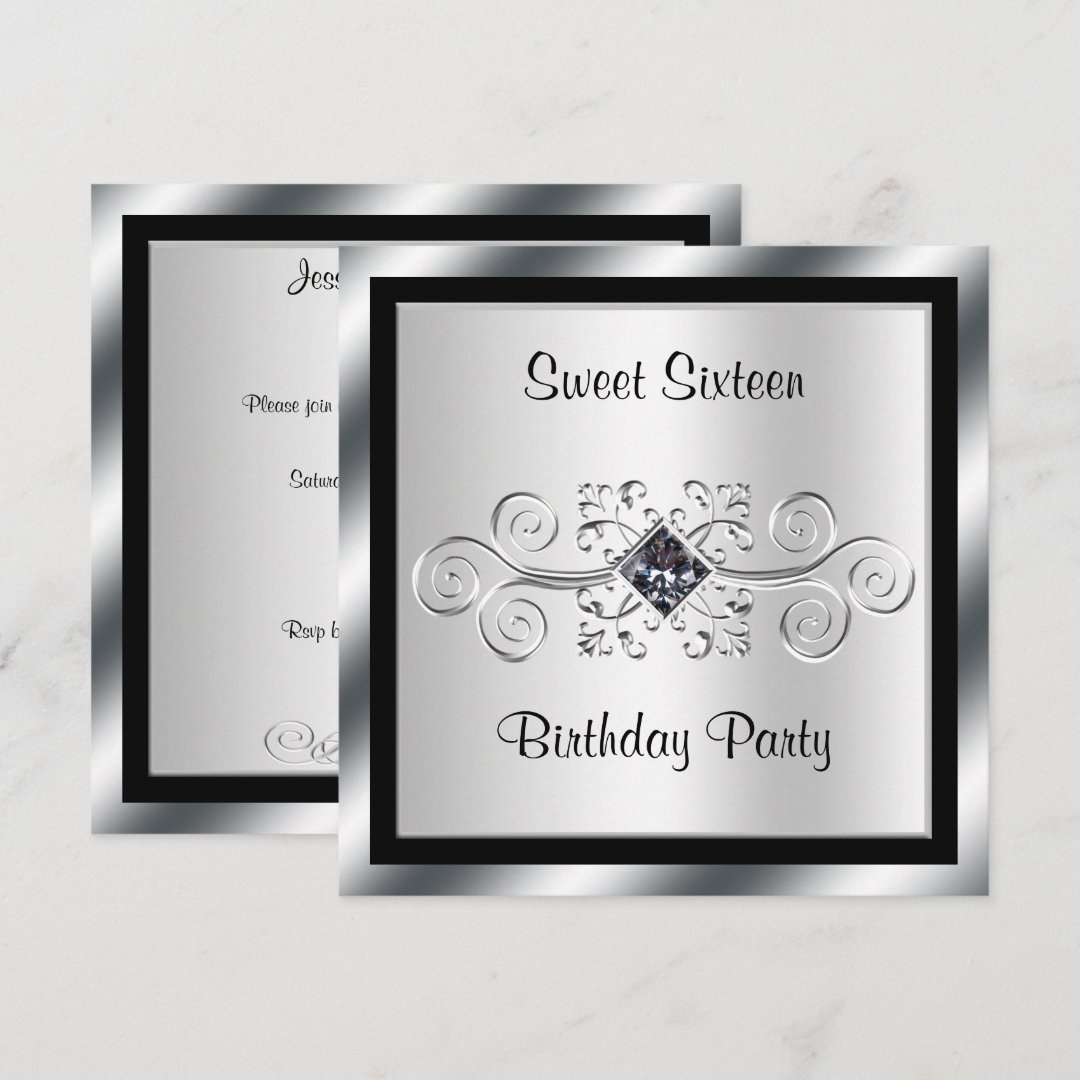 Silver Swirls & Diamond Sweet 16 Birthday Party Invitation | Zazzle
