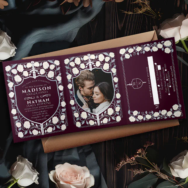 Silver Sword & Shield Medieval Fantasy Wedding Red Tri-Fold Invitation ...