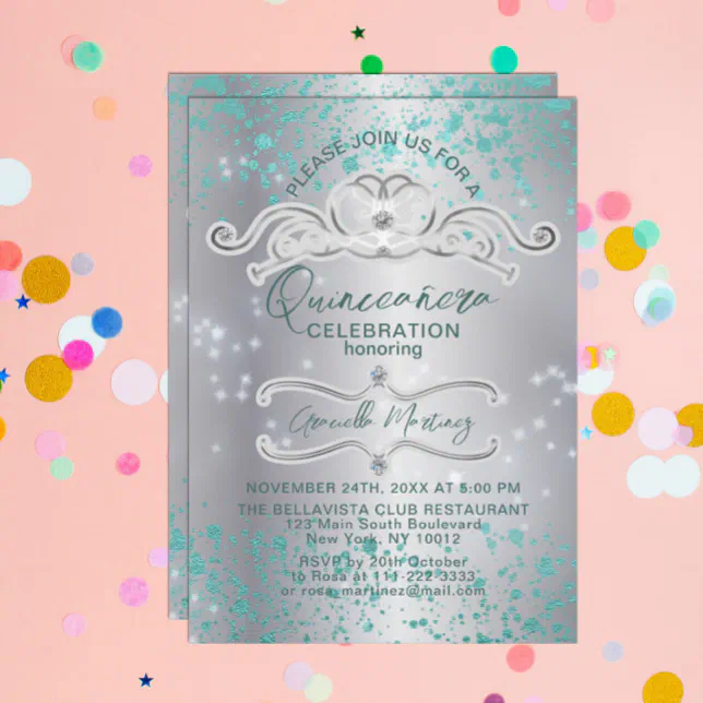 Silver Teal Jeweled Tiara Quinceañera Invitation | Zazzle