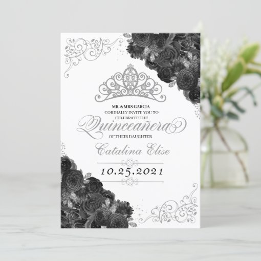 Silver Tiara Black Roses Glitter Quinceañera Invitation | Zazzle