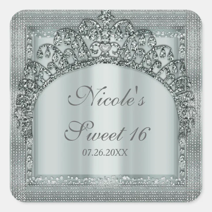 Silver Tiara Crown & Diamond Bling Party Favor Square Sticker | Zazzle