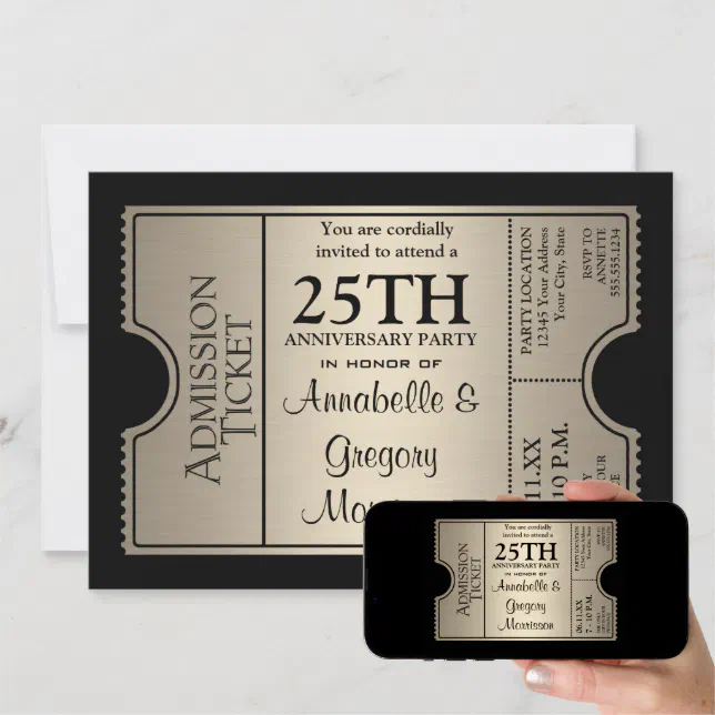 Silver Ticket Style 25th Wedding Anniversary Party Invitation | Zazzle