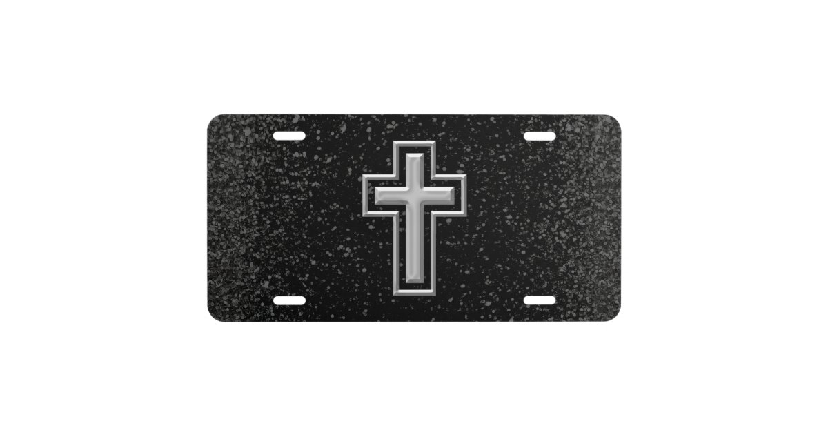 Silver Tone Christian Cross on Black Sparkle License Plate | Zazzle