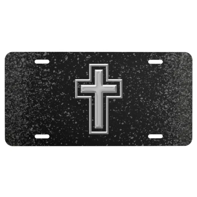 Silver Tone Christian Cross on Black Sparkle License Plate | Zazzle