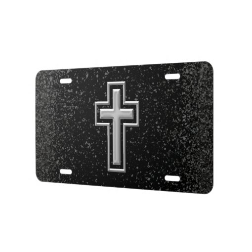Silver Tone Christian Cross on Black Sparkle License Plate | Zazzle
