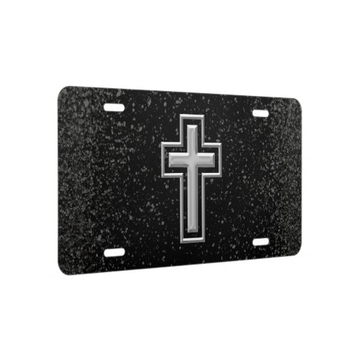 Silver Tone Christian Cross on Black Sparkle License Plate | Zazzle