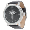 Silver Tone Christian Cross on Black Sparkle Watch | Zazzle