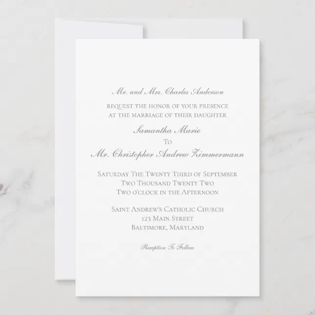Silver Traditional Classic Formal Elegant Wedding Invitation | Zazzle