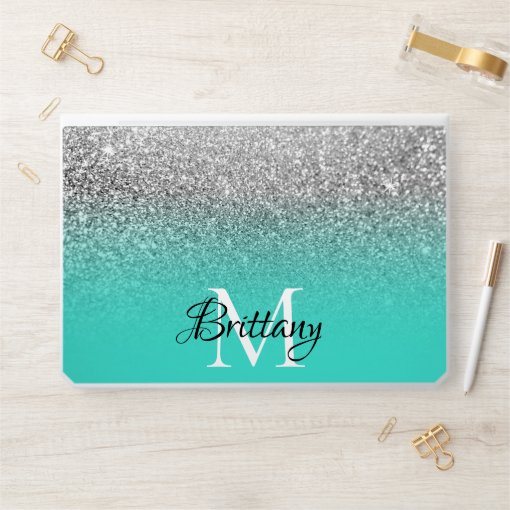 Silver Turquoise Glitter Ombre Monogrammed HP Laptop Skin | Zazzle