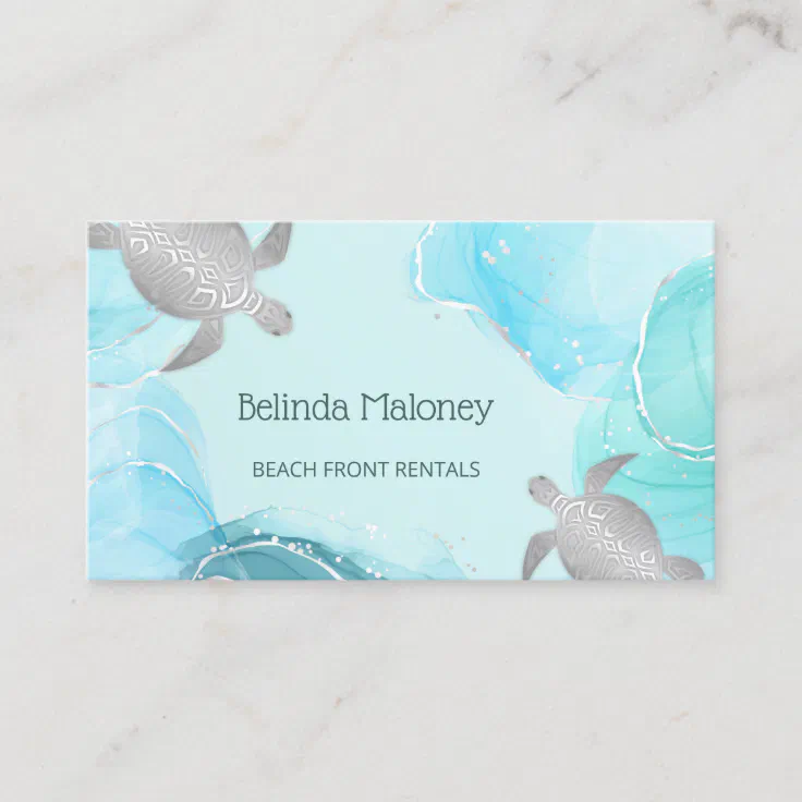 Silver Turtle Blue Ink Coastal QR Code Business Card | Zazzle