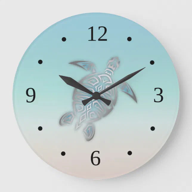 Silver Turtle Coastal Beach Style Modern Numbers Large Clock | Zazzle