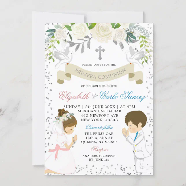 Silver Twin Boy Girl Kneel First Holy Communion Invitation | Zazzle