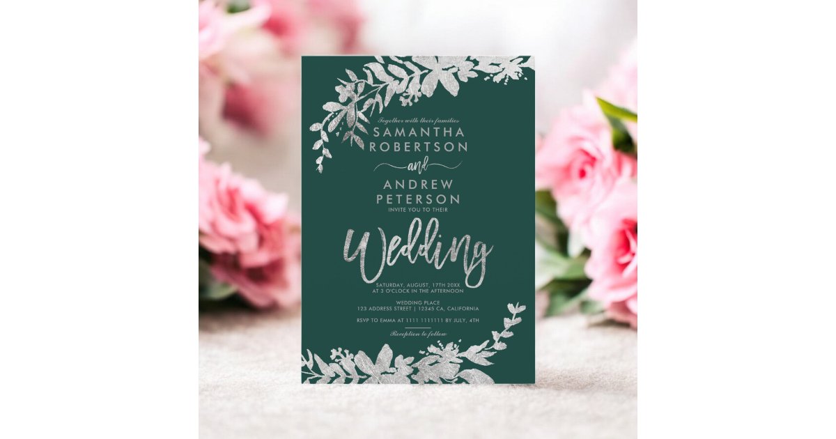 Silver typography floral green chic wedding invitation | Zazzle