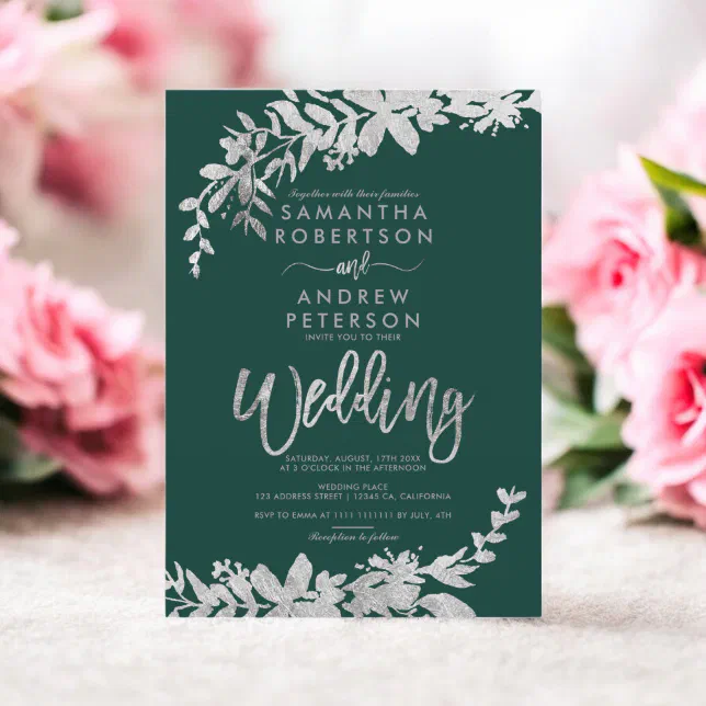 Silver typography floral green chic wedding invitation | Zazzle