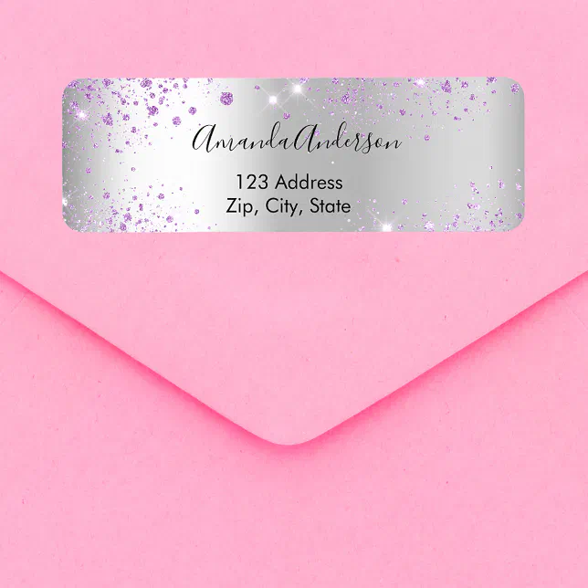 Silver violet glitter return address label | Zazzle