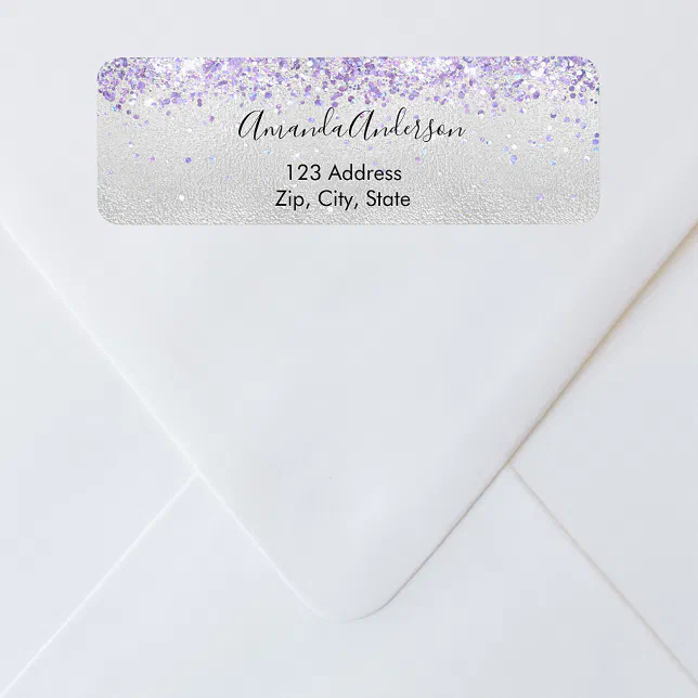 Silver violet glitter sparkle return address label | Zazzle