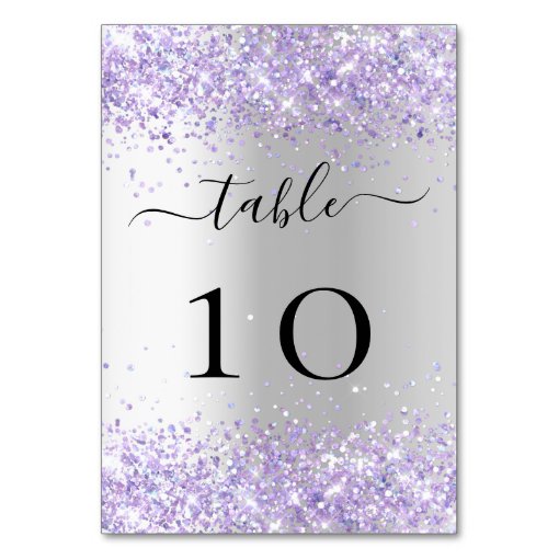 Silver violet lavender glitter sparkles glamorous table number | Zazzle