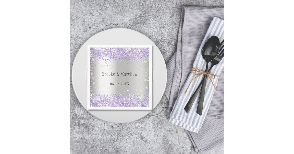 Silver violet purple glitter elegant wedding napkins | Zazzle