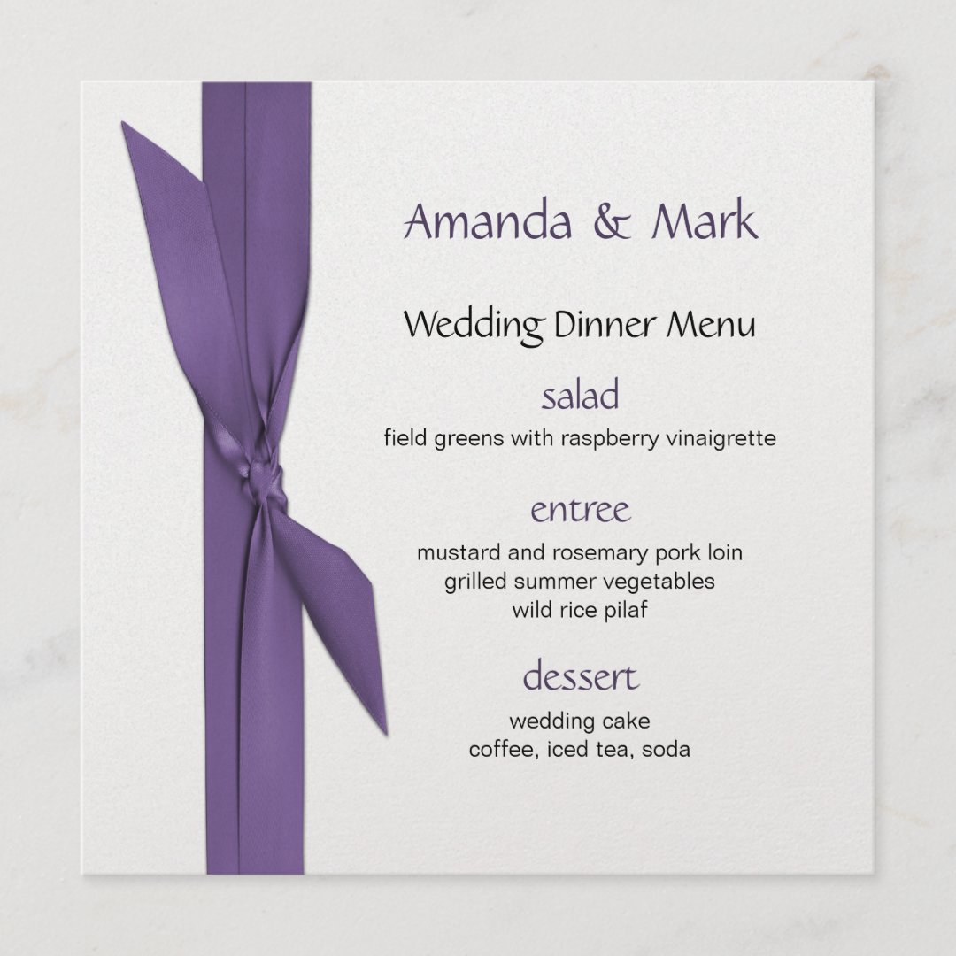 Silver Wedding Menu with Purple Ribbon | Zazzle