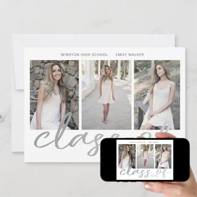 Silver Whimsical Script Photo Graduation Card | Zazzle