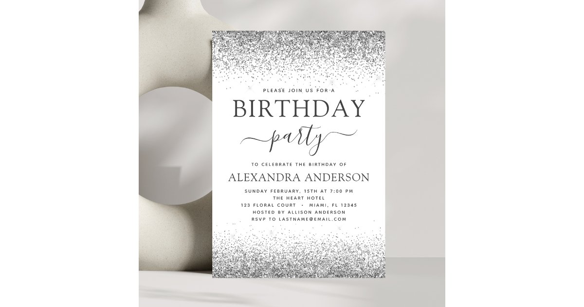 Silver White Any Age Birthday Glitter Modern Invitation | Zazzle