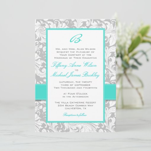 Silver white damask turquoise wedding invitation | Zazzle