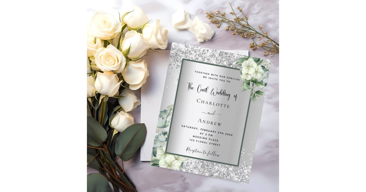 Silver white floral civil wedding invitation | Zazzle